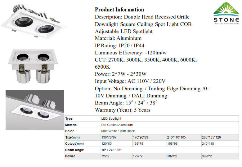 Double Head Recessed Grille Downlight Square Ceiling Spot Light COB ...