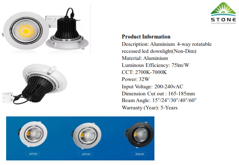 Aluminum 4-way rotatable recessed led downlight(Non-Dim)